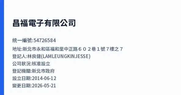昌福電子有限公司的照片-統編 54726584(新北市) 公司登記資料與營業項目詳細圖表
