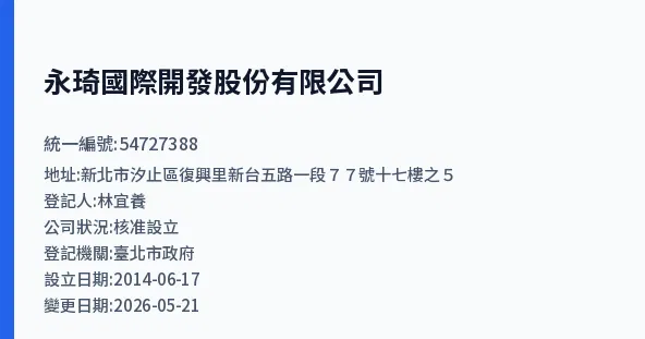 永琦國際開發股份有限公司的照片-統編 54727388(新北市) 公司登記資料與營業項目詳細圖表