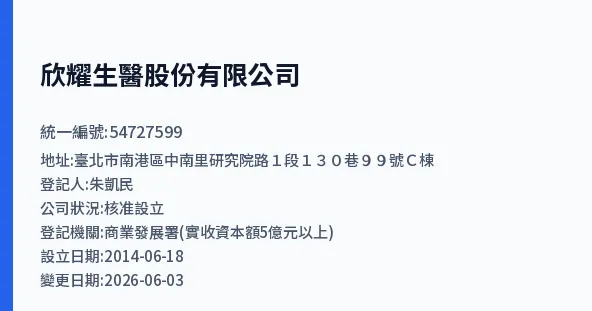 欣耀生醫股份有限公司的照片-統編 54727599(臺北市) 公司登記資料與營業項目詳細圖表