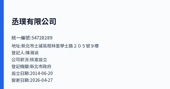 丞璞有限公司的照片-統編 54728289(新北市) 公司登記資料與營業項目詳細圖表