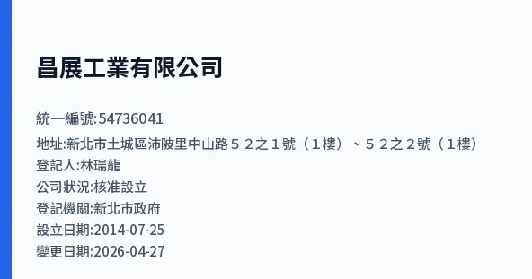 昌展工業有限公司的照片-統編 54736041(新北市) 公司登記資料與營業項目詳細圖表