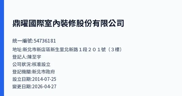 鼎曜國際室內裝修股份有限公司的照片-統編 54736181(新北市) 公司登記資料與營業項目詳細圖表