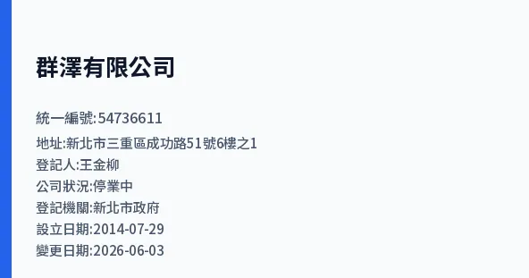 群澤有限公司的照片-統編 54736611(新北市) 公司登記資料與營業項目詳細圖表