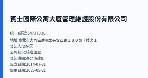 賓士國際公寓大廈管理維護股份有限公司的照片-統編 54737338(臺北市) 公司登記資料與營業項目詳細圖表