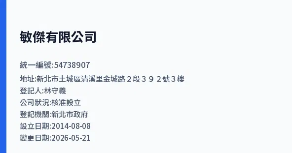 敏傑有限公司的照片-統編 54738907(新北市) 公司登記資料與營業項目詳細圖表