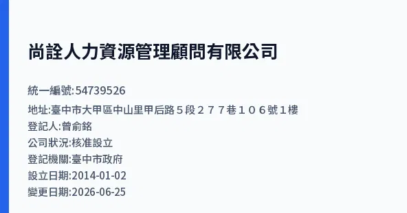 尚詮人力資源管理顧問有限公司的照片-統編 54739526(臺中市) 公司登記資料與營業項目詳細圖表