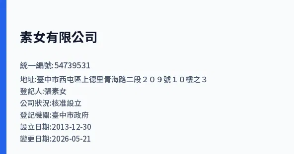 素女有限公司的照片-統編 54739531(臺中市) 公司登記資料與營業項目詳細圖表