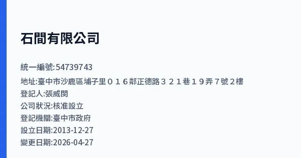 石間有限公司的照片-統編 54739743(臺中市) 公司登記資料與營業項目詳細圖表