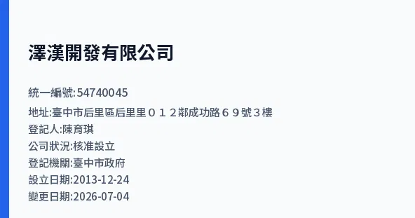 澤漢開發有限公司的照片-統編 54740045(臺中市) 公司登記資料與營業項目詳細圖表