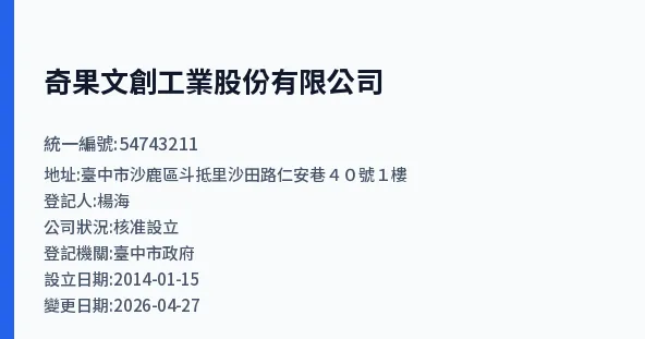 奇果文創工業股份有限公司的照片-統編 54743211(臺中市) 公司登記資料與營業項目詳細圖表
