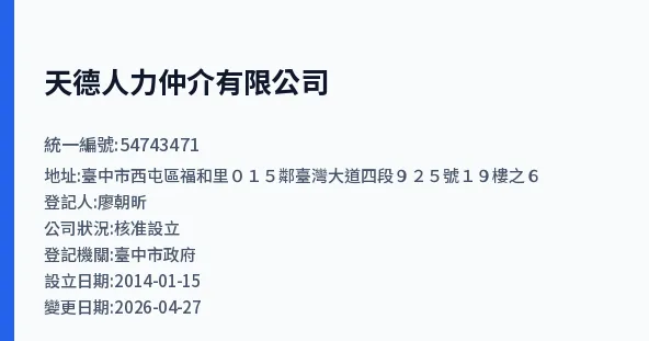 天德人力仲介有限公司的照片-統編 54743471(臺中市) 公司登記資料與營業項目詳細圖表