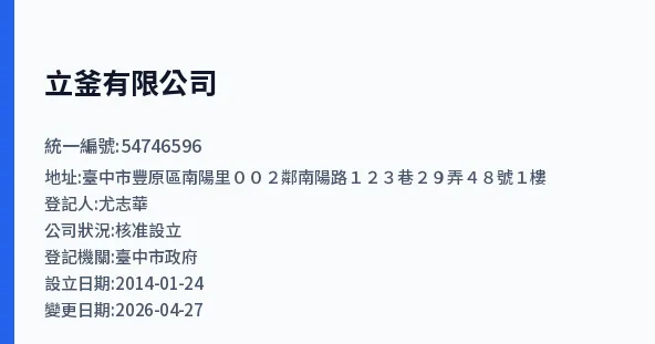 立釜有限公司的照片-統編 54746596(臺中市) 公司登記資料與營業項目詳細圖表