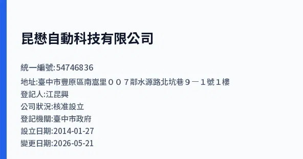 昆懋自動科技有限公司的照片-統編 54746836(臺中市) 公司登記資料與營業項目詳細圖表
