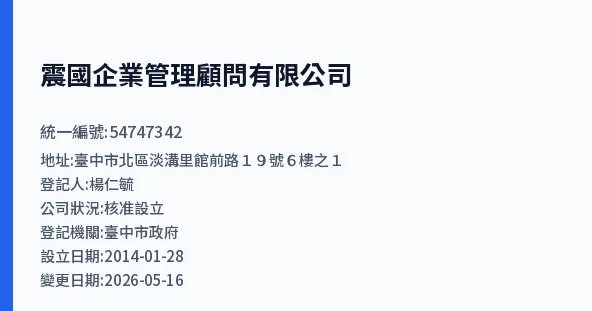 震國企業管理顧問有限公司的照片-統編 54747342(臺中市) 公司登記資料與營業項目詳細圖表