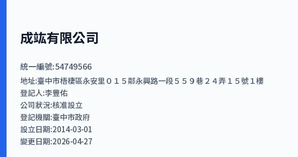 成竑有限公司的照片-統編 54749566(臺中市) 公司登記資料與營業項目詳細圖表