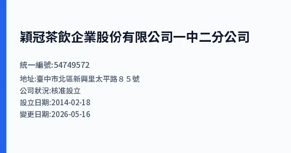 穎冠茶飲企業股份有限公司一中二分公司的照片-統編 54749572(臺中市) 公司登記資料與營業項目詳細圖表