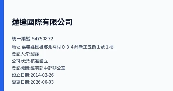 蓮達國際有限公司的照片-統編 54750872(嘉義縣) 公司登記資料與營業項目詳細圖表
