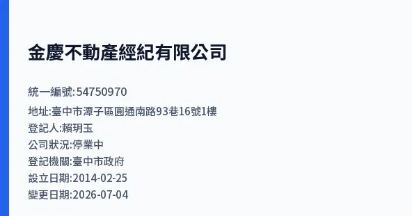 金慶不動產經紀有限公司的照片-統編 54750970(臺中市) 公司登記資料與營業項目詳細圖表