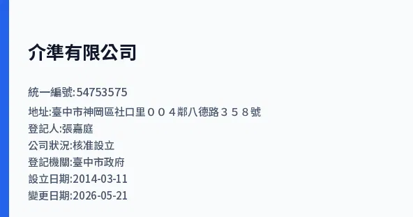 介準有限公司的照片-統編 54753575(臺中市) 公司登記資料與營業項目詳細圖表