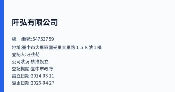 阡弘有限公司的照片-統編 54753759(臺中市) 公司登記資料與營業項目詳細圖表