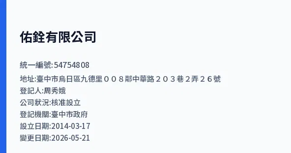 佑銓有限公司的照片-統編 54754808(臺中市) 公司登記資料與營業項目詳細圖表