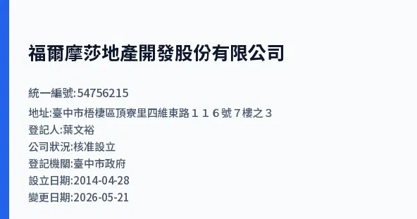 福爾摩莎地產開發股份有限公司的照片-統編 54756215(臺中市) 公司登記資料與營業項目詳細圖表