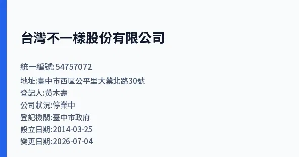 台灣不一樣股份有限公司的照片-統編 54757072(臺中市) 公司登記資料與營業項目詳細圖表