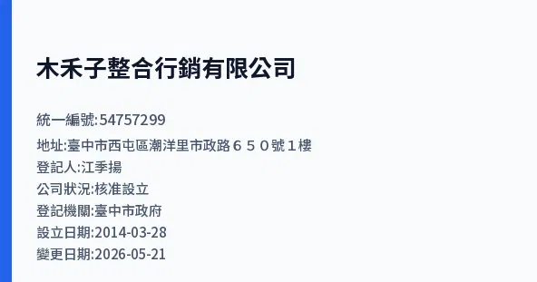木禾子整合行銷有限公司的照片-統編 54757299(臺中市) 公司登記資料與營業項目詳細圖表