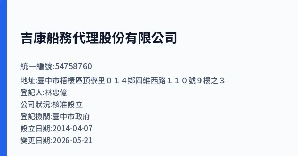 吉康船務代理股份有限公司的照片-統編 54758760(臺中市) 公司登記資料與營業項目詳細圖表
