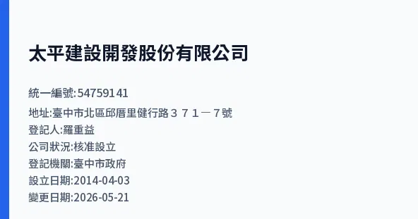 太平建設開發股份有限公司的照片-統編 54759141(臺中市) 公司登記資料與營業項目詳細圖表