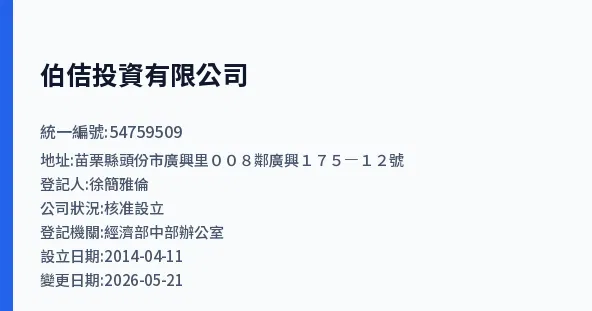 伯佶投資有限公司的照片-統編 54759509(苗栗縣) 公司登記資料與營業項目詳細圖表
