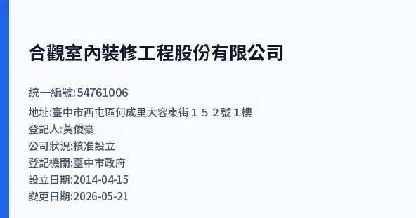 合觀室內裝修工程股份有限公司的照片-統編 54761006(臺中市) 公司登記資料與營業項目詳細圖表