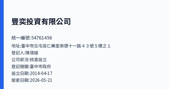 豐奕投資有限公司的照片-統編 54761456(臺中市) 公司登記資料與營業項目詳細圖表