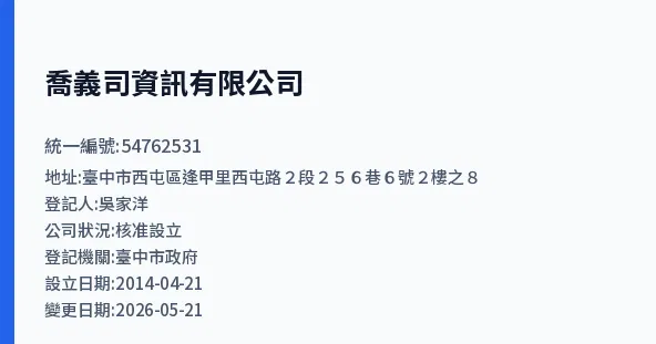 喬義司資訊有限公司的照片-統編 54762531(臺中市) 公司登記資料與營業項目詳細圖表