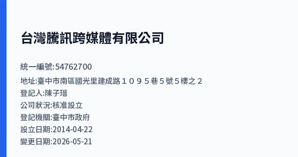 台灣騰訊跨媒體有限公司的照片-統編 54762700(臺中市) 公司登記資料與營業項目詳細圖表