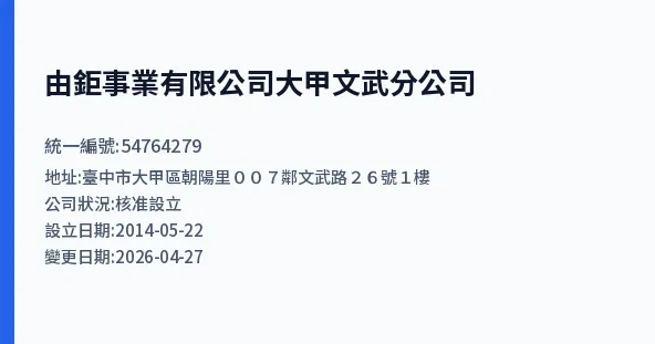 由鉅事業有限公司大甲文武分公司的照片-統編 54764279(臺中市) 公司登記資料與營業項目詳細圖表