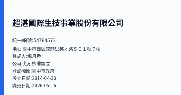 超湛國際生技事業股份有限公司的照片-統編 54764572(臺中市) 公司登記資料與營業項目詳細圖表