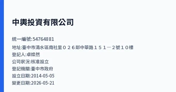 中輿投資有限公司的照片-統編 54764881(臺中市) 公司登記資料與營業項目詳細圖表