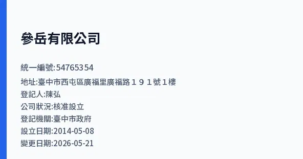 參岳有限公司的照片-統編 54765354(臺中市) 公司登記資料與營業項目詳細圖表