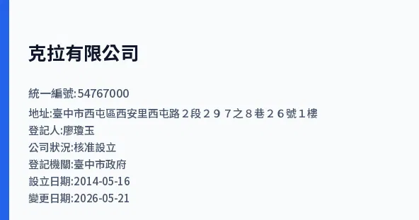 克拉有限公司的照片-統編 54767000(臺中市) 公司登記資料與營業項目詳細圖表