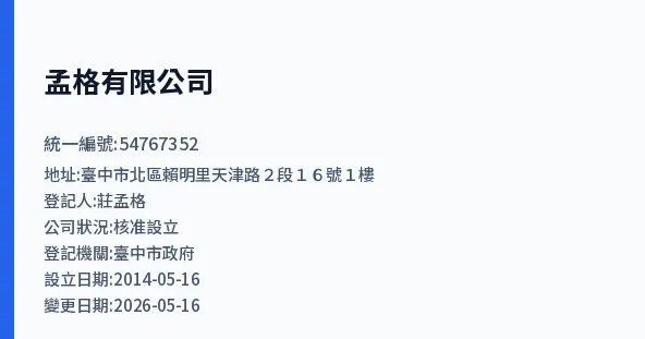 孟格有限公司的照片-統編 54767352(臺中市) 公司登記資料與營業項目詳細圖表