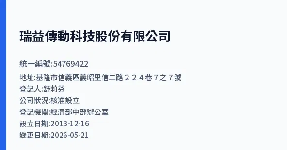 瑞益傳動科技股份有限公司的照片-統編 54769422(基隆市) 公司登記資料與營業項目詳細圖表