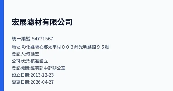 宏展濾材有限公司的照片-統編 54771567(彰化縣) 公司登記資料與營業項目詳細圖表