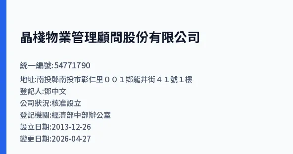 晶棧物業管理顧問股份有限公司的照片-統編 54771790(南投縣) 公司登記資料與營業項目詳細圖表