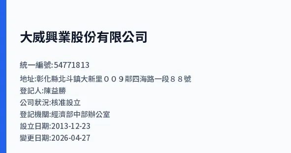 大威興業股份有限公司的照片-統編 54771813(彰化縣) 公司登記資料與營業項目詳細圖表