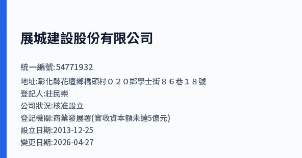 展城建設股份有限公司的照片-統編 54771932(彰化縣) 公司登記資料與營業項目詳細圖表