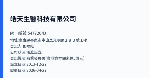 皓天生醫科技有限公司的照片-統編 54772643(臺東縣) 公司登記資料與營業項目詳細圖表