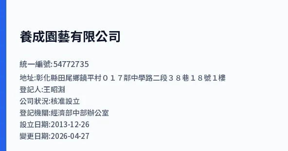 養成園藝有限公司的照片-統編 54772735(彰化縣) 公司登記資料與營業項目詳細圖表