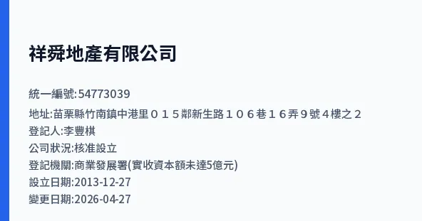 祥舜地產有限公司的照片-統編 54773039(苗栗縣) 公司登記資料與營業項目詳細圖表
