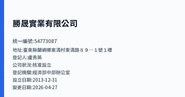 勝晟實業有限公司的照片-統編 54773087(臺東縣) 公司登記資料與營業項目詳細圖表